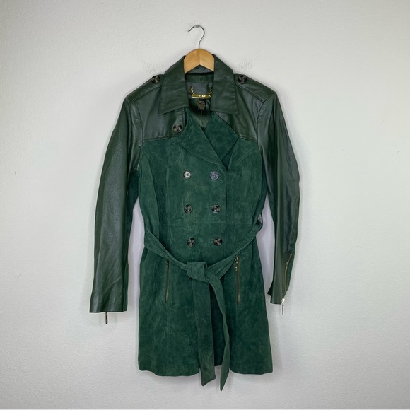 IMAN | Jackets & Coats | Iman Suede Leather Belted Trench Coat In Green ...